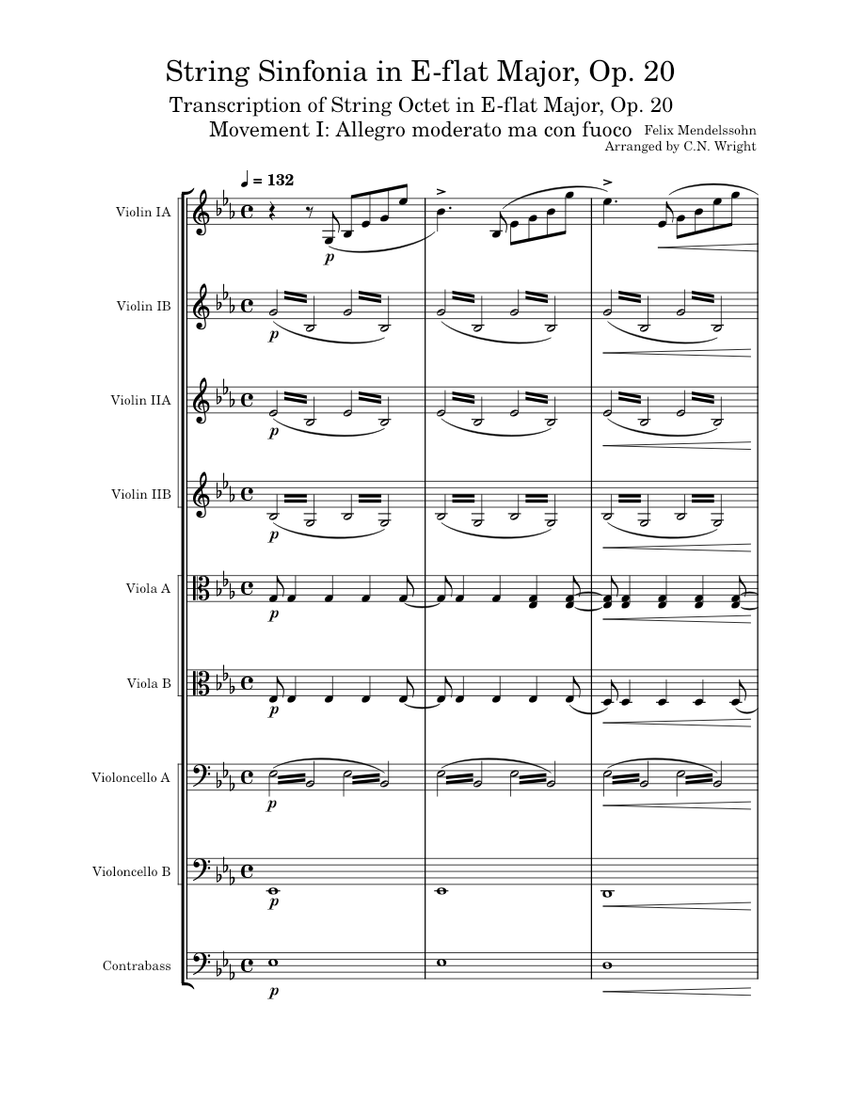 String Sinfonia, Op.20 – Felix Mendelssohn Bartholdy Sheet music for Contrabass, Violin, Viola ...