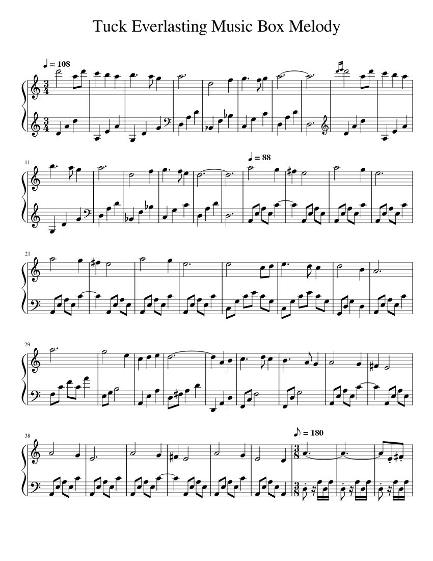 Tuck Everlasting Music Box Melody Sheet Music for Piano (Solo) Easy ...