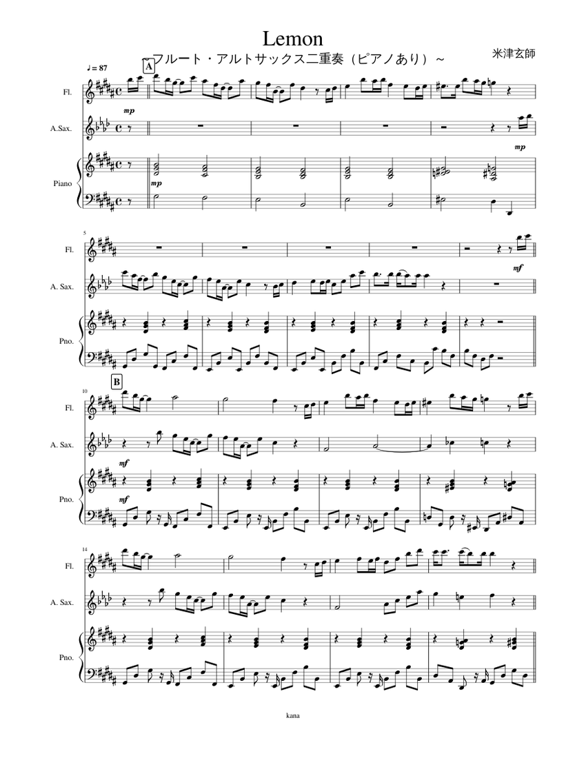 Lemon Sheet Music for Piano, Flute, Saxophone alto (Mixed Trio ...