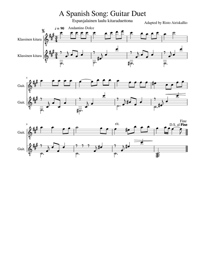 A Spanish Song: Guitar Duet Sheet music for Guitar (Mixed Duet ...