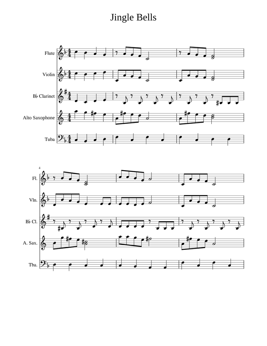 Jingle bells Sheet Music for Tuba, Flute, Clarinet in b-flat, Violin ...