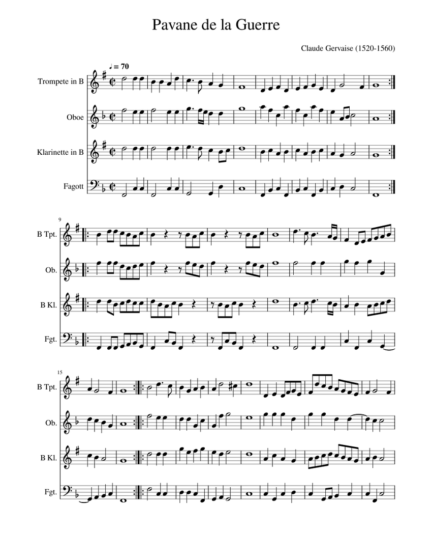 Pavane de la Guerre - Claude Gervaise Sheet Music for Oboe, Clarinet in ...