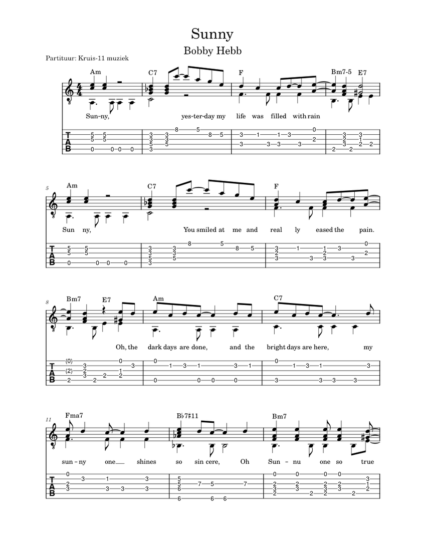 Bobby Hebb - Sunny - guitar TAB Sheet Music with Chords for Guitar ...