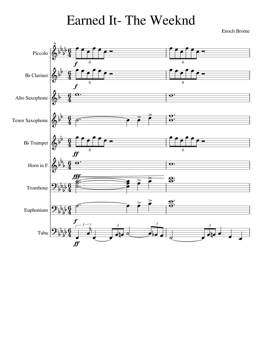 Earned It- The Weeknd Sheet Music for Trombone, Euphonium, Tuba, Flute ...