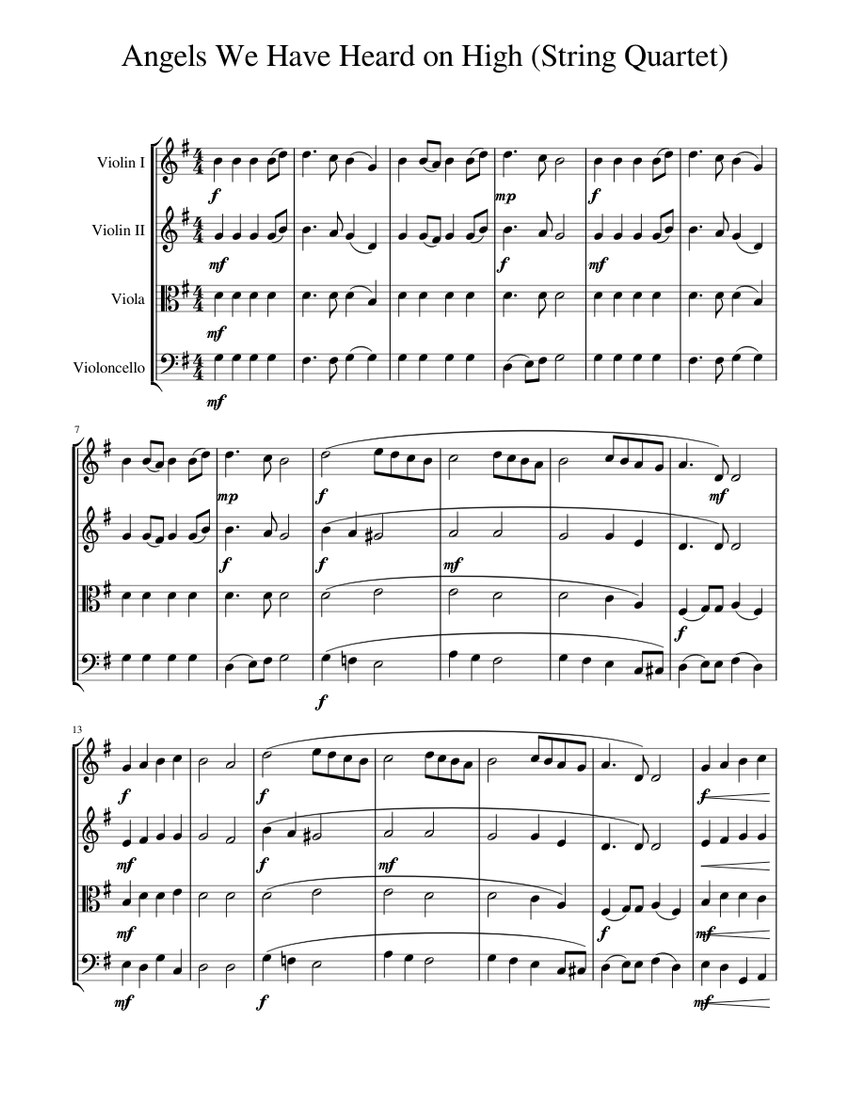 Angels We Have Heard on High String Quartet Sheet Music for Violin ...