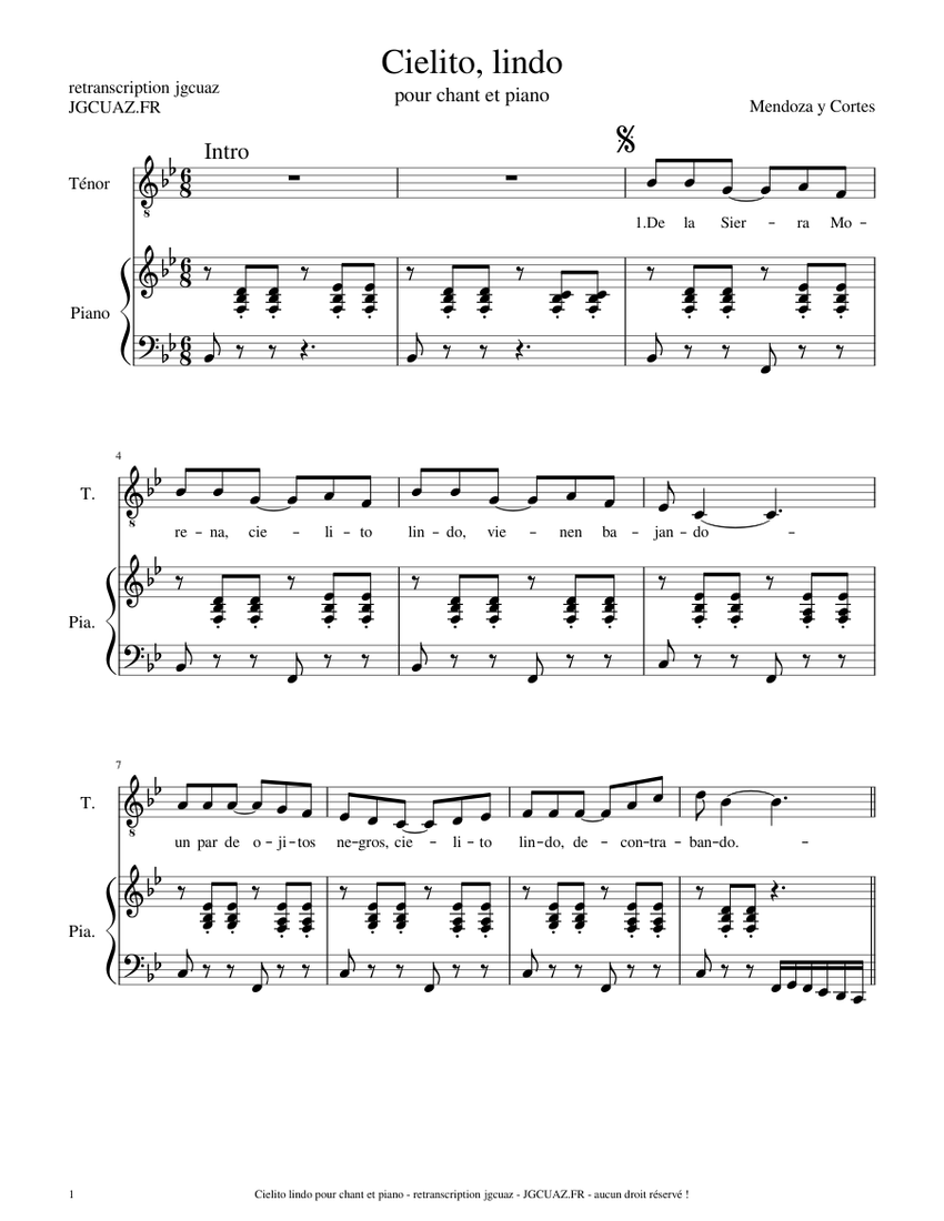 Cielito Lindo pour chant et piano Sheet music for Piano, Tenor (Mixed Duet) | Musescore.com