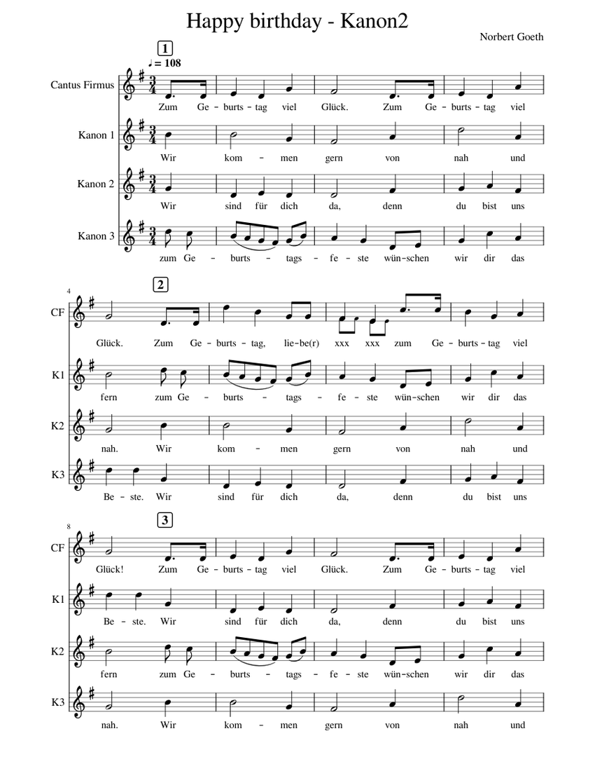 Happy birthday Kanon Sheet music for Soprano, Alto, Mezzo soprano (A ...