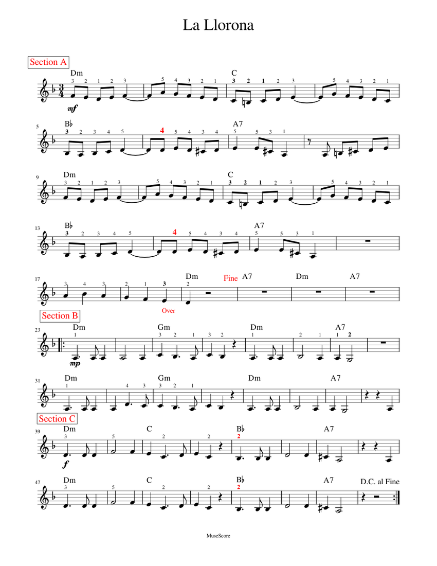 La Llorona Sheet Music with Chords for Piano (Solo) easy | MuseScore.com
