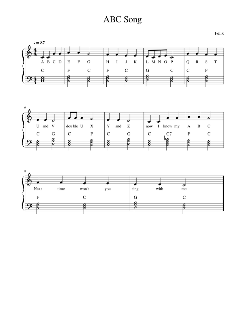 ABC Song in C Sheet Music with Chords for Piano (Solo) easy | MuseScore.com