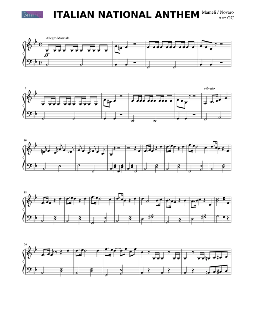 Italian National Anthem Sheet Music for Piano (Solo) easy | MuseScore.com