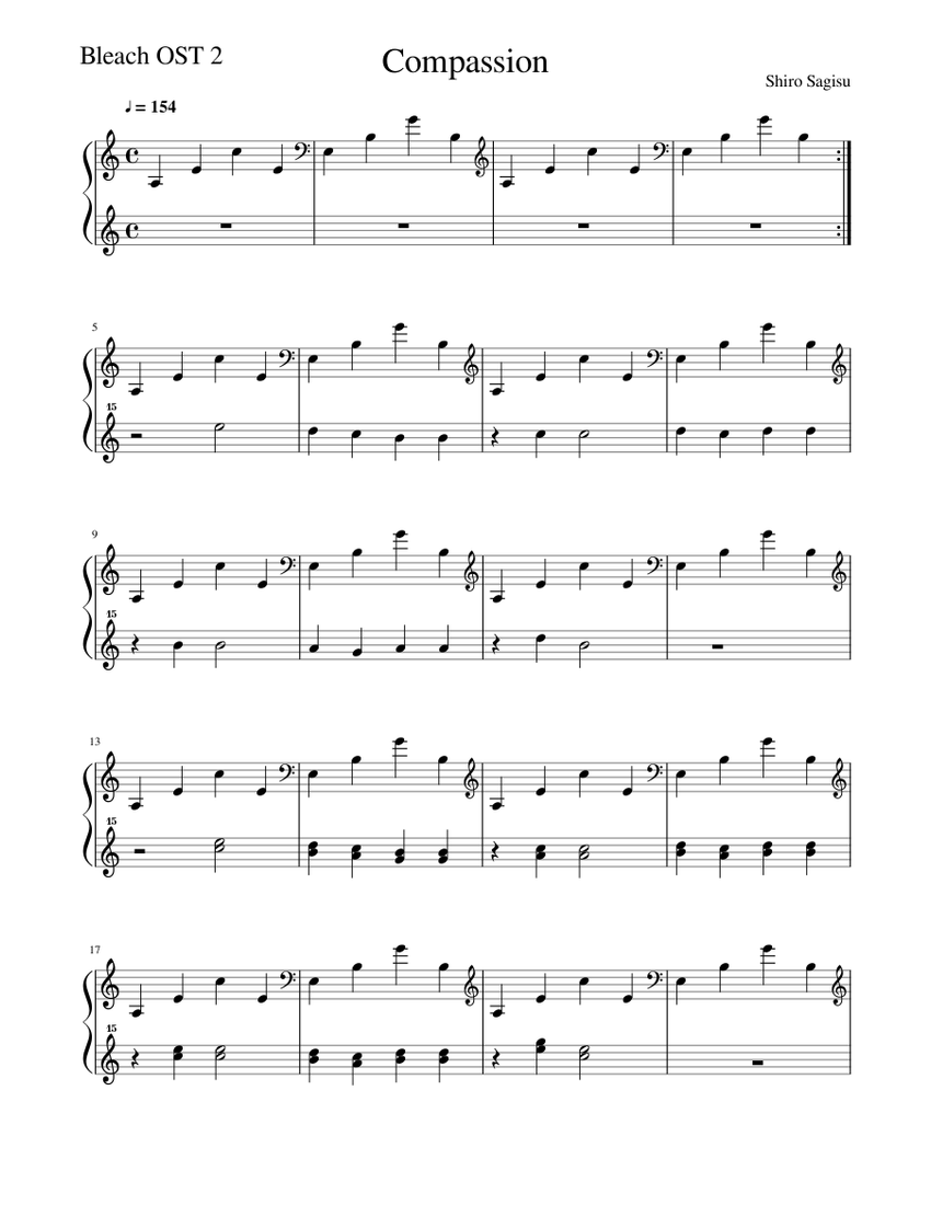 Bleach OST 2 - Track 13 - Compassion Sheet Music for Piano (Solo) easy ...