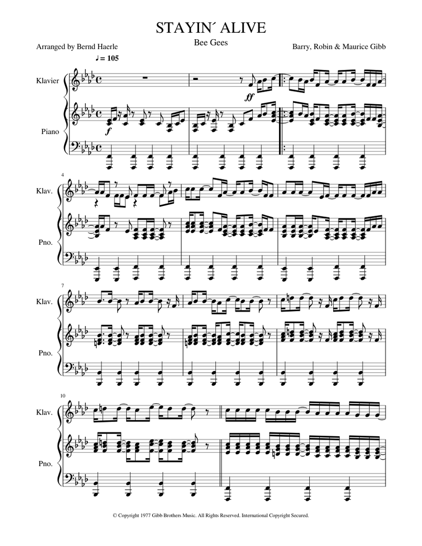 STAYIN´ ALIVE Sheet Music for Piano (Alto Sax Piano Duet) | MuseScore.com