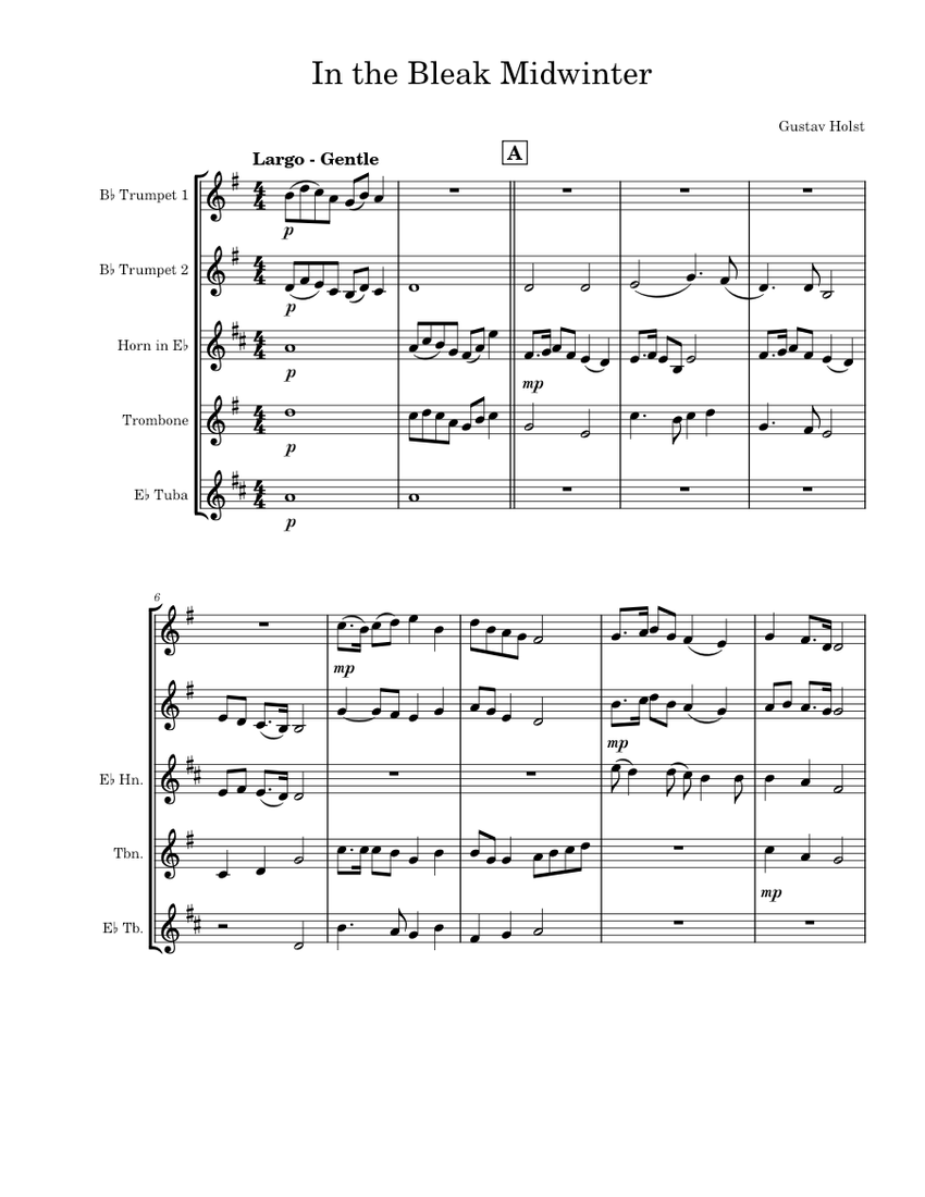 In the Bleak Midwinter – Gustav T. Holst for Brass Quinetet Sheet Music ...
