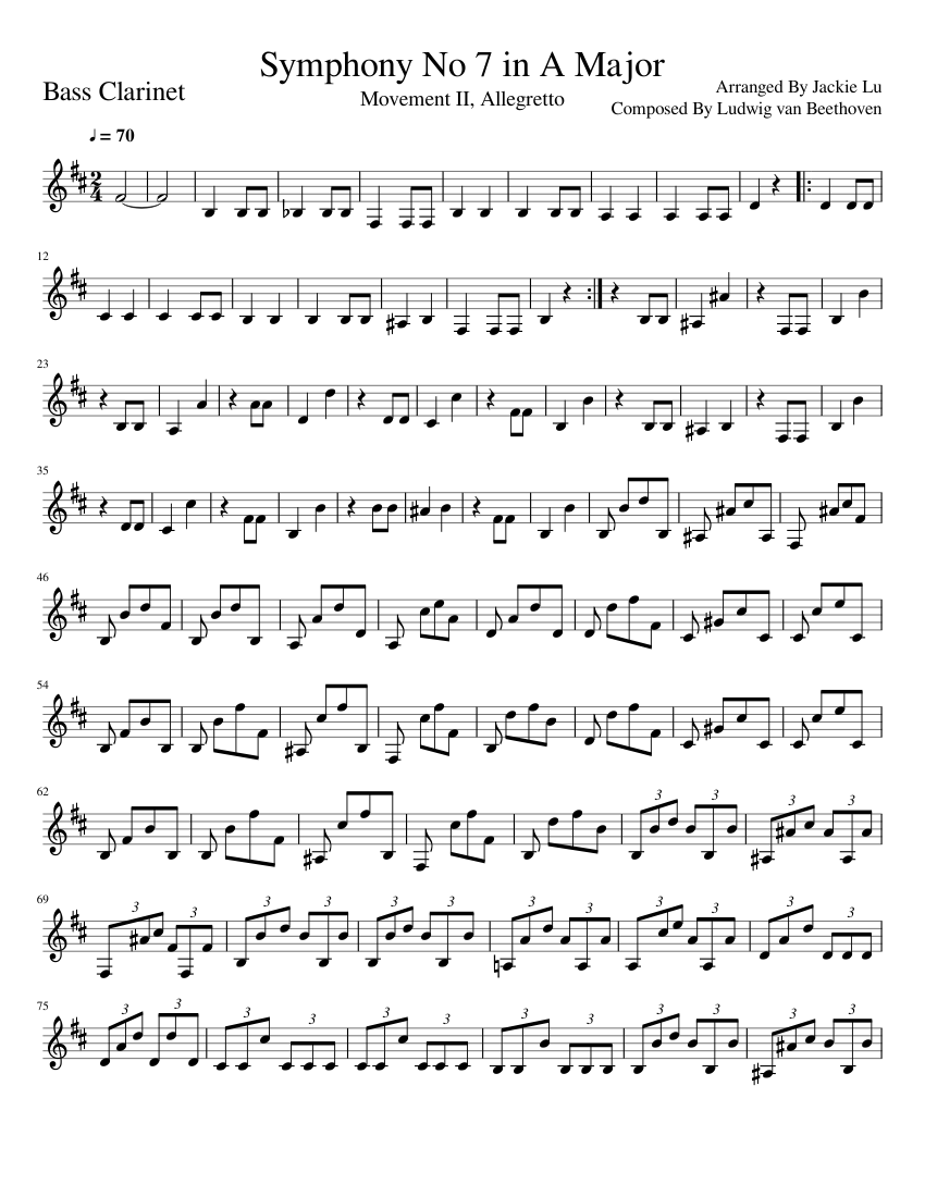 Symphony No 7 Movement II Bass Clarinet Sheet Music for Clarinet bass ...