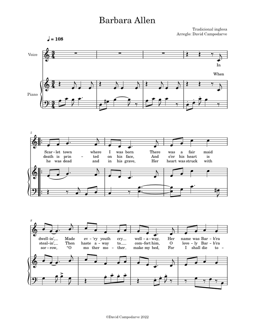 Barbara Allen - Voice / Piano Sheet Music with Chords for Piano, Vocals ...