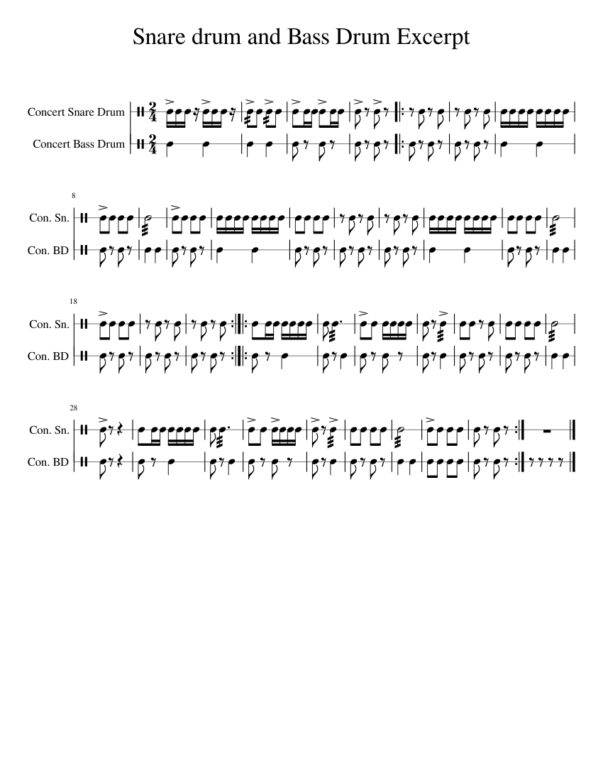 Snare drum and Bass Drum Excerpt Sheet Music for Snare drum, Bass drum ...