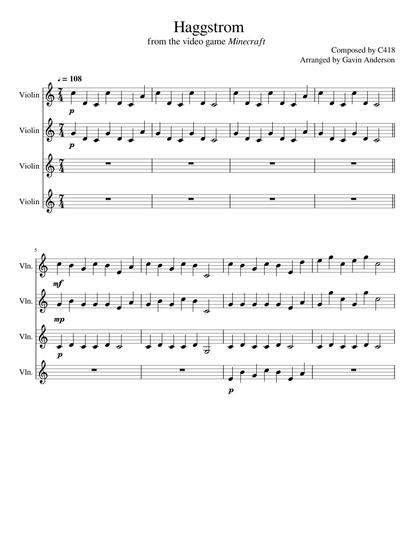 Haggstrom Sheet Music for Violin (Mixed Quartet) | MuseScore.com