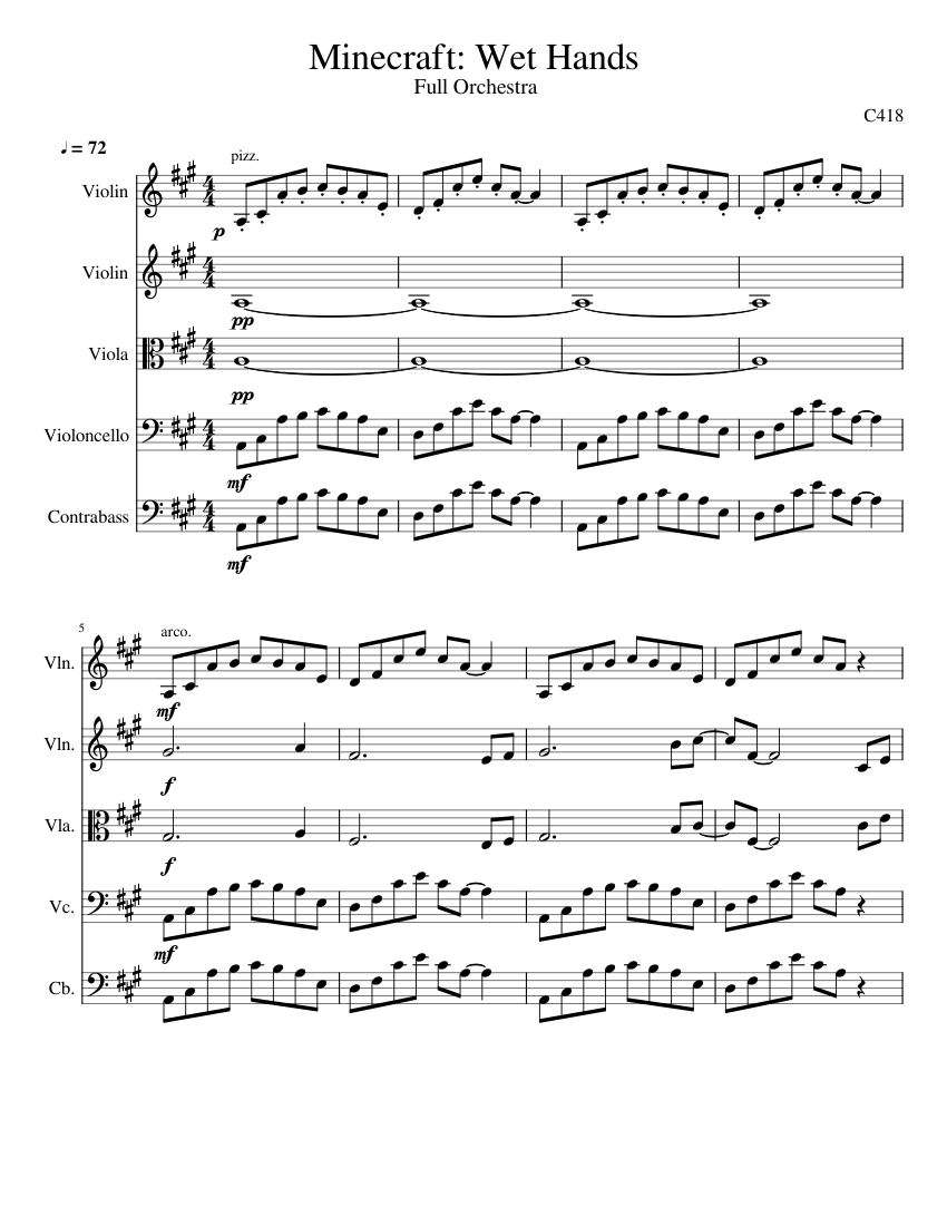 Minecraft Wet Hands Sheet Music for Contrabass, Violin, Viola, Cello ...