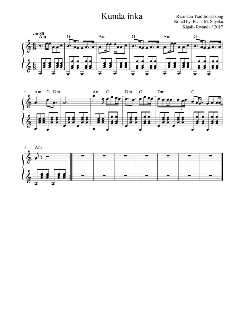 Kunda inka Rwandan traditional song Sheet Music with Chords for Piano ...