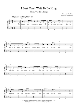 I Just Can't Wait To Be King (Lion King) Sheet Music for Piano (Solo ...