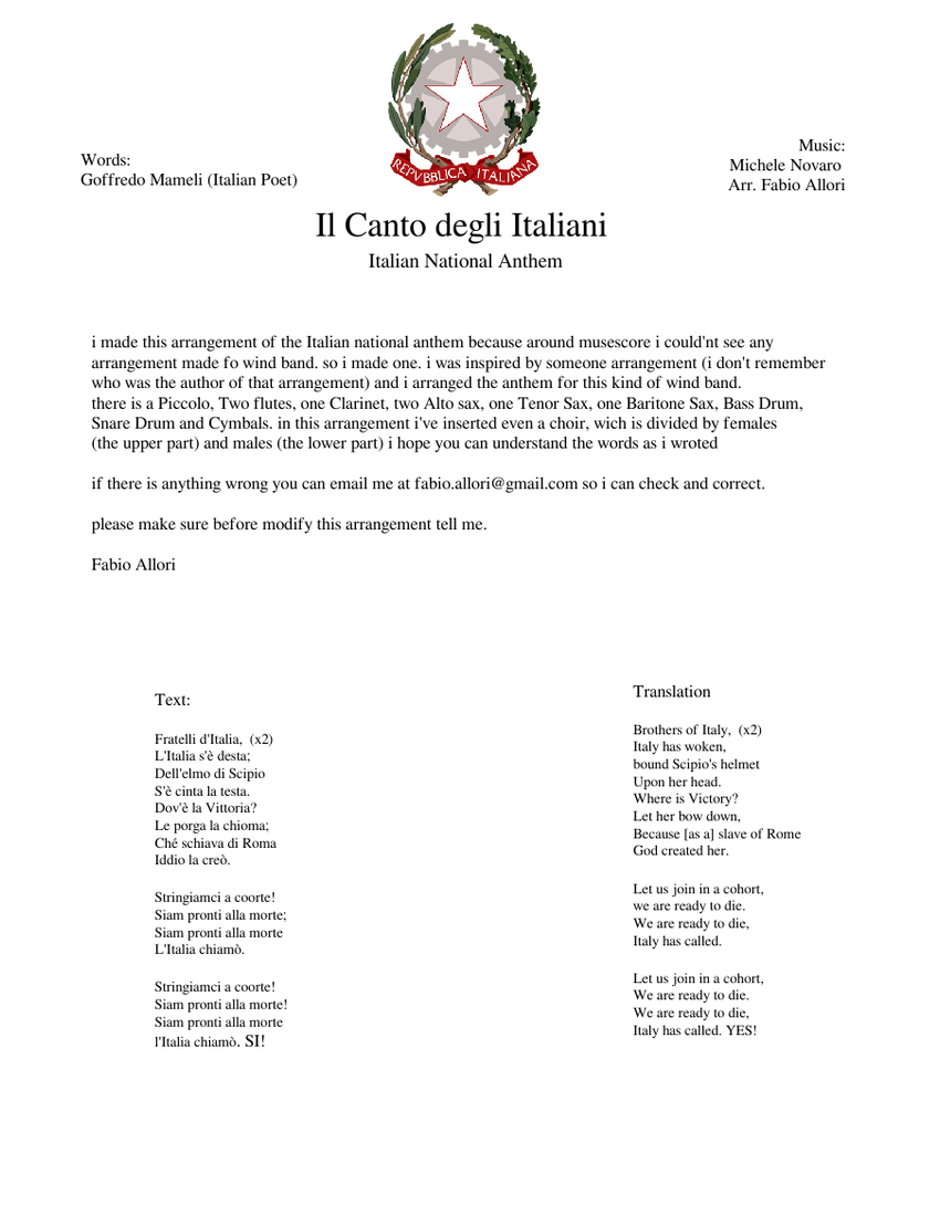 Il canto degli Italiani (Italian National Anthem Sheet Music for Vocals ...