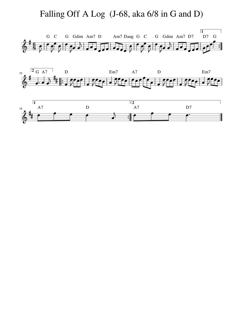 Falling Off A Log (J-68, aka 6/8 in G and D) Sheet music for Piano ...