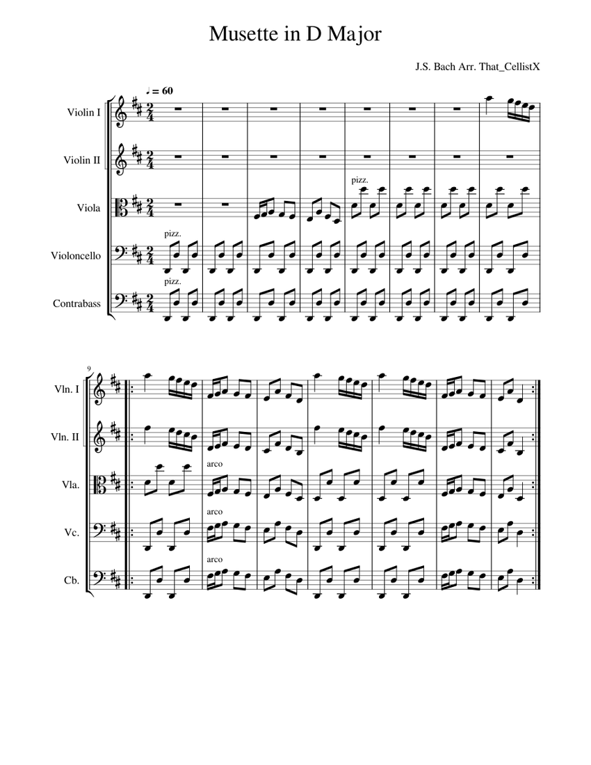 Musette in D Major Sheet music for Contrabass, Violin, Viola, Cello ...