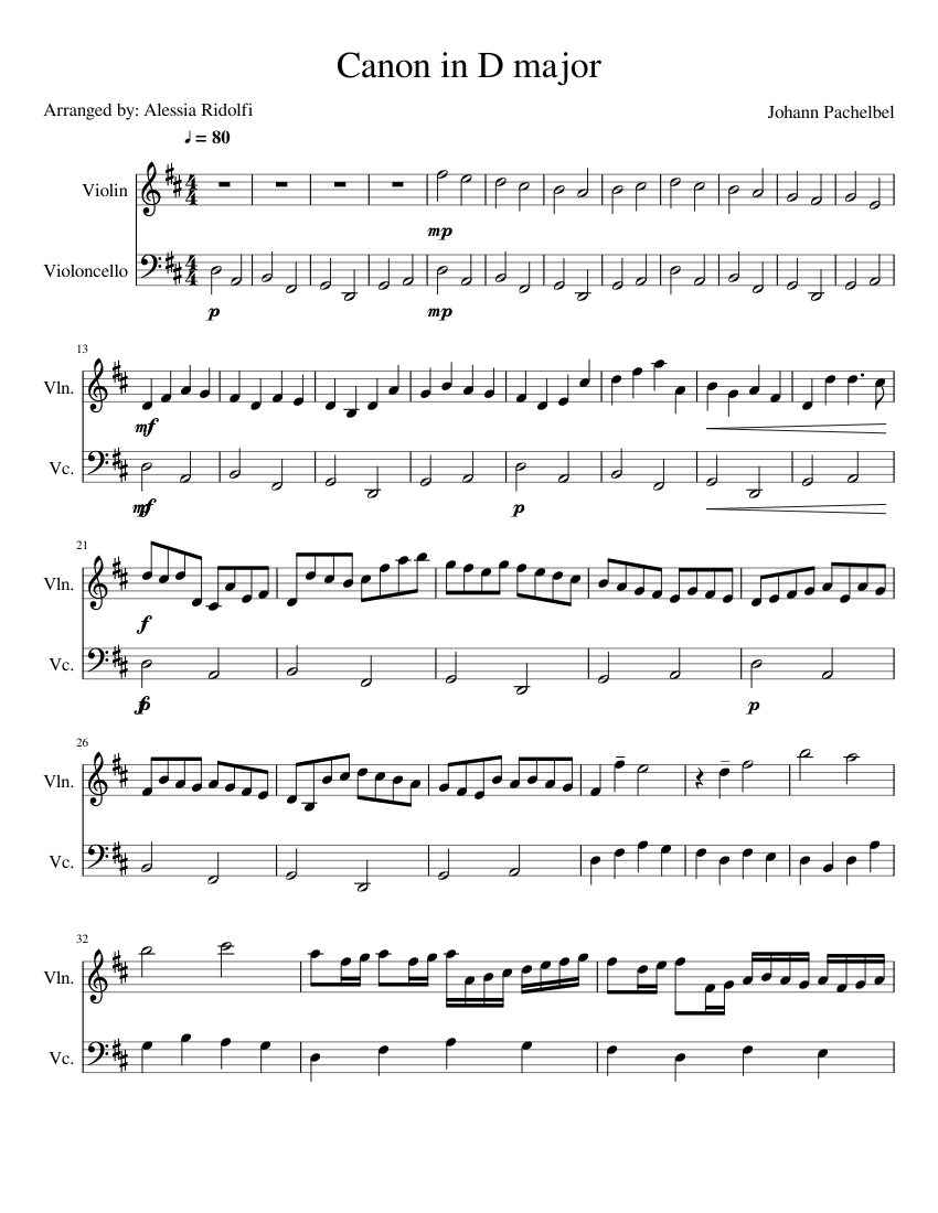Canon in D major Pachelbel Sheet Music for Violin, Cello (String Duet ...