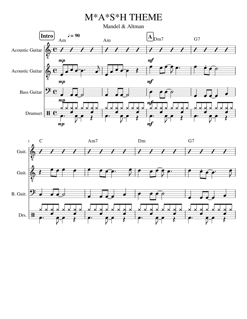 M*A*S*H THEME Sheet Music with Chords for Guitar, Bass guitar, Drum ...