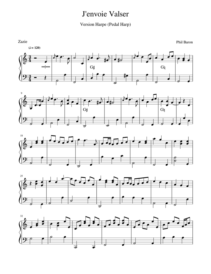 J'Envoie Valser – Phil Baron - Zazie - Pedal Harp Sheet music for Harp (Solo) | Musescore.com