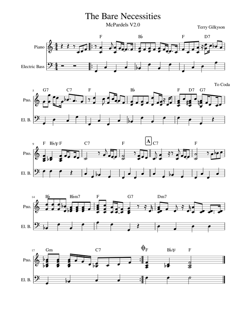 The Bare Necessities Sheet Music with Chords for Piano, Bass guitar ...