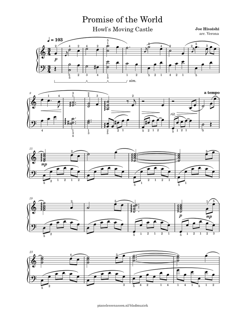 Promise of the World - Howl's Moving Castle (with fingering) Sheet ...