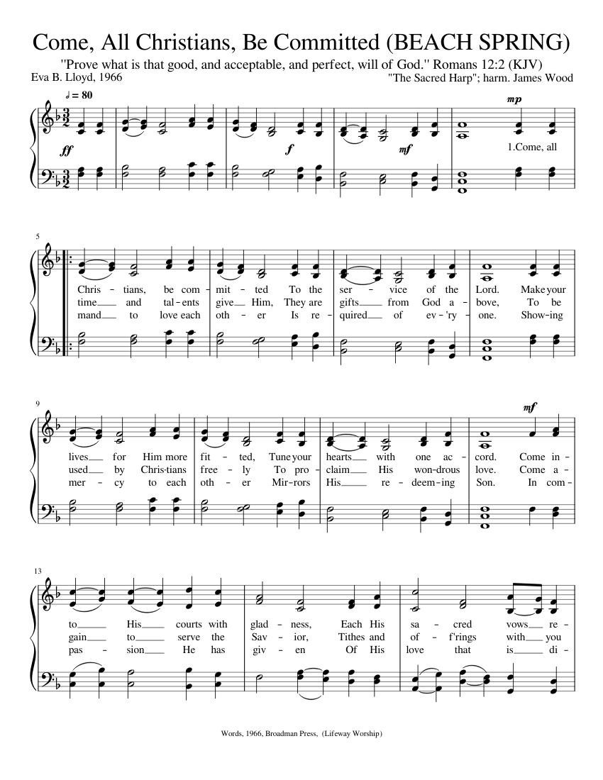 Come, All Christians, Be Committed (BEACH SPRING) Sheet Music for Piano ...