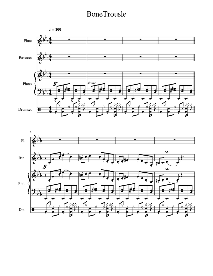 BoneTrousle Sheet music for Piano, Flute, Bassoon, Drum group (Mixed Quartet) | Musescore.com
