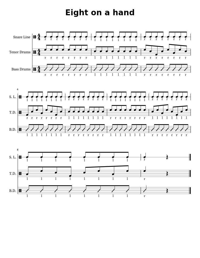 Eight on a hand Sheet music for Tenor drum, Bass drum (Marching Band ...