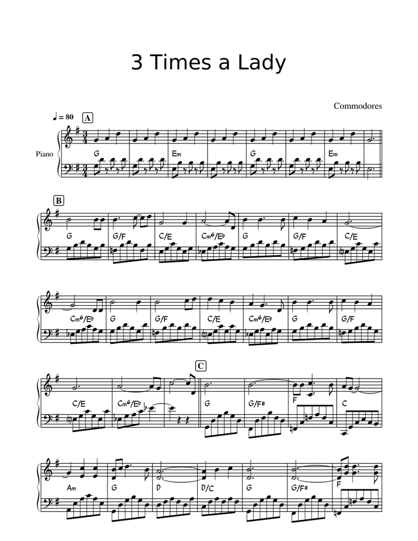 3 TIMES A LADY – Commodores Sheet Music for Piano (Solo) | MuseScore.com