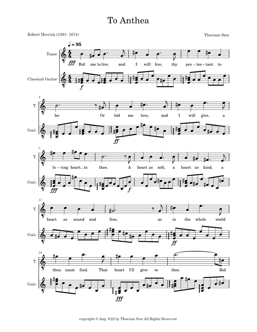 To Anthea Sheet music for Tenor, Guitar (Mixed Duet) | Musescore.com