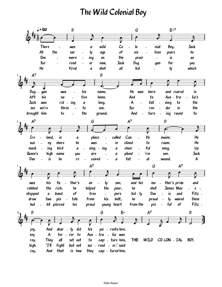 The Wild Colonial Boy (Lead sheet with lyrics ) Sheet Music with Chords ...