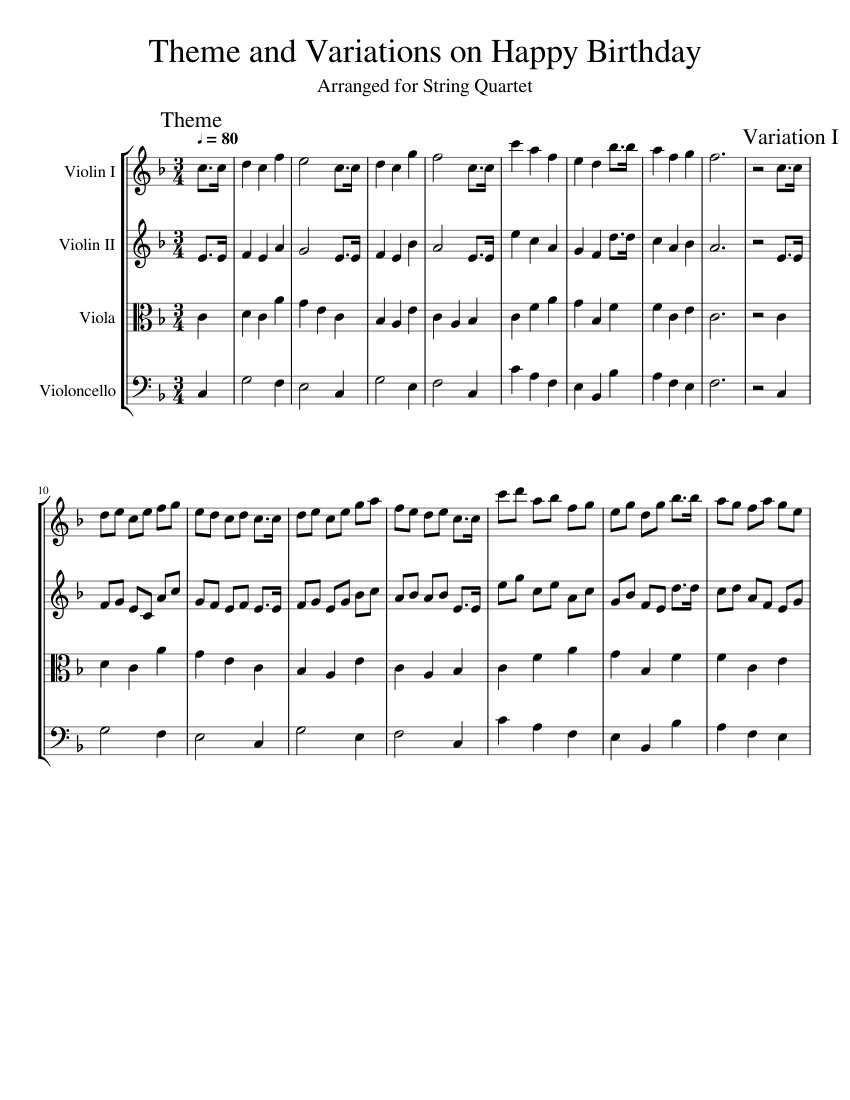 Theme and Variations on Happy Birthday Sheet Music for Violin, Viola ...