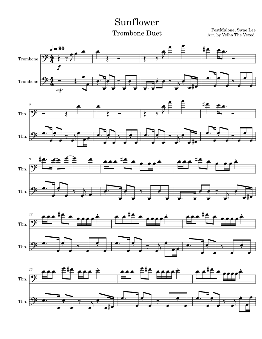 Sunflower Trombone Duet Sheet Music for Trombone (Brass Duet ...