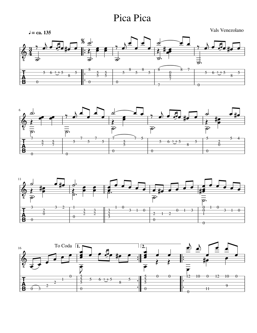 Pica Pica Sheet Music and Tab for Guitar (Mixed Duet) | MuseScore.com