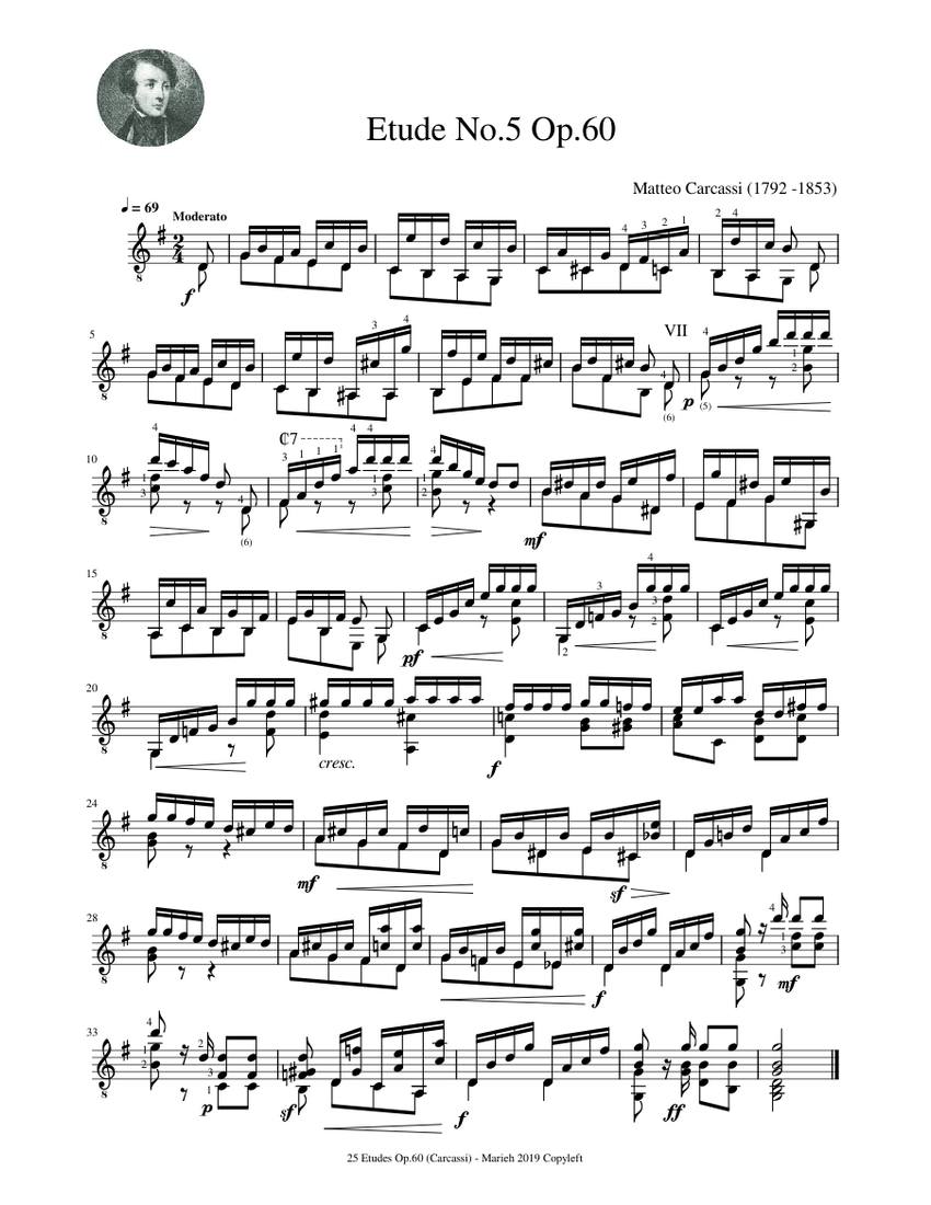 Etude No.5 Op.60 - Matteo Carcassi (1792 - 1853) Sheet music for Guitar ...