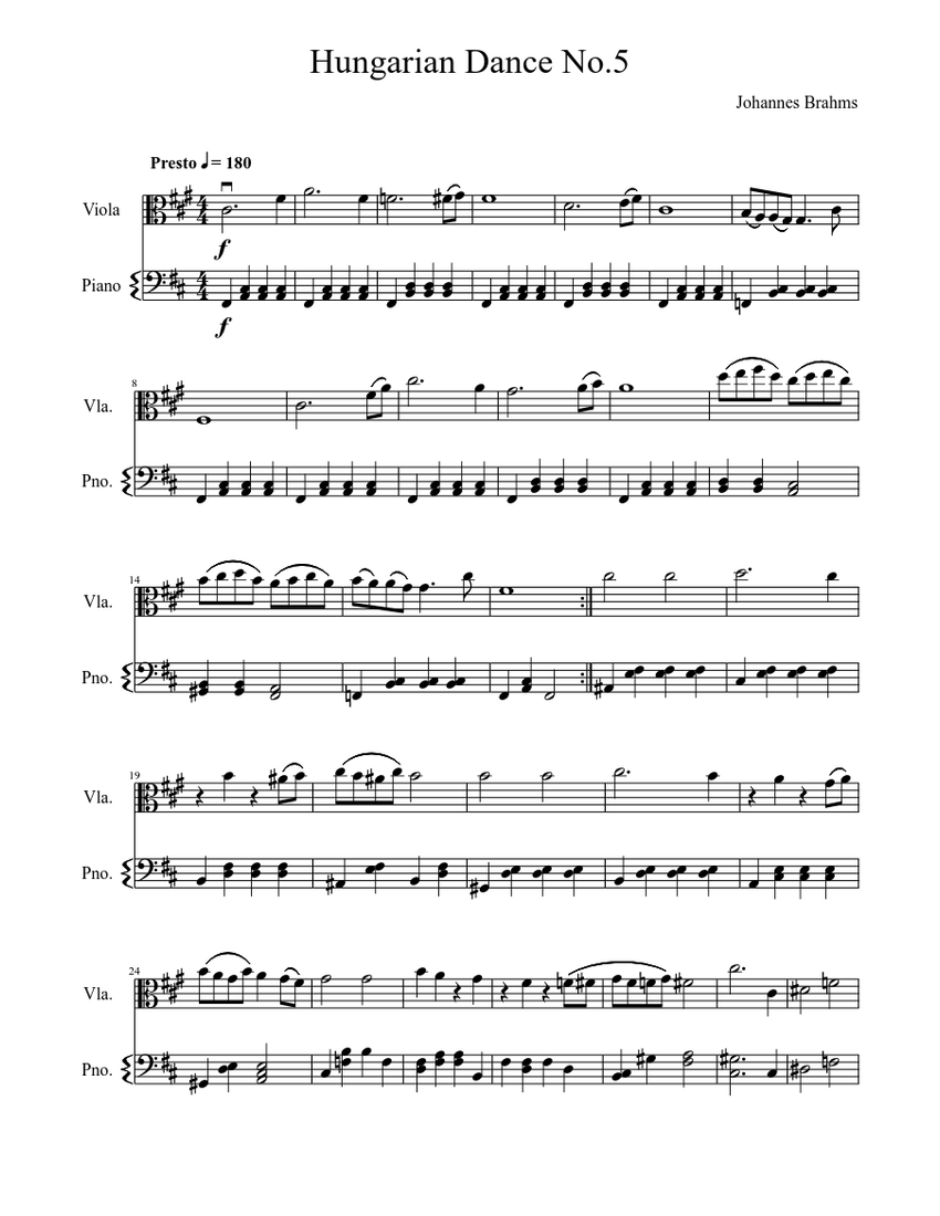 Hungarian Dance No.5 Sheet music for Piano, Viola (Solo) | Musescore.com