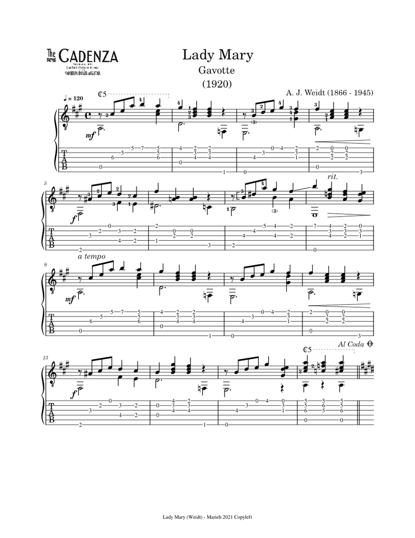 Lady Mary – Albert John Weidt (1866 - 1945) - Tablature Sheet music for ...