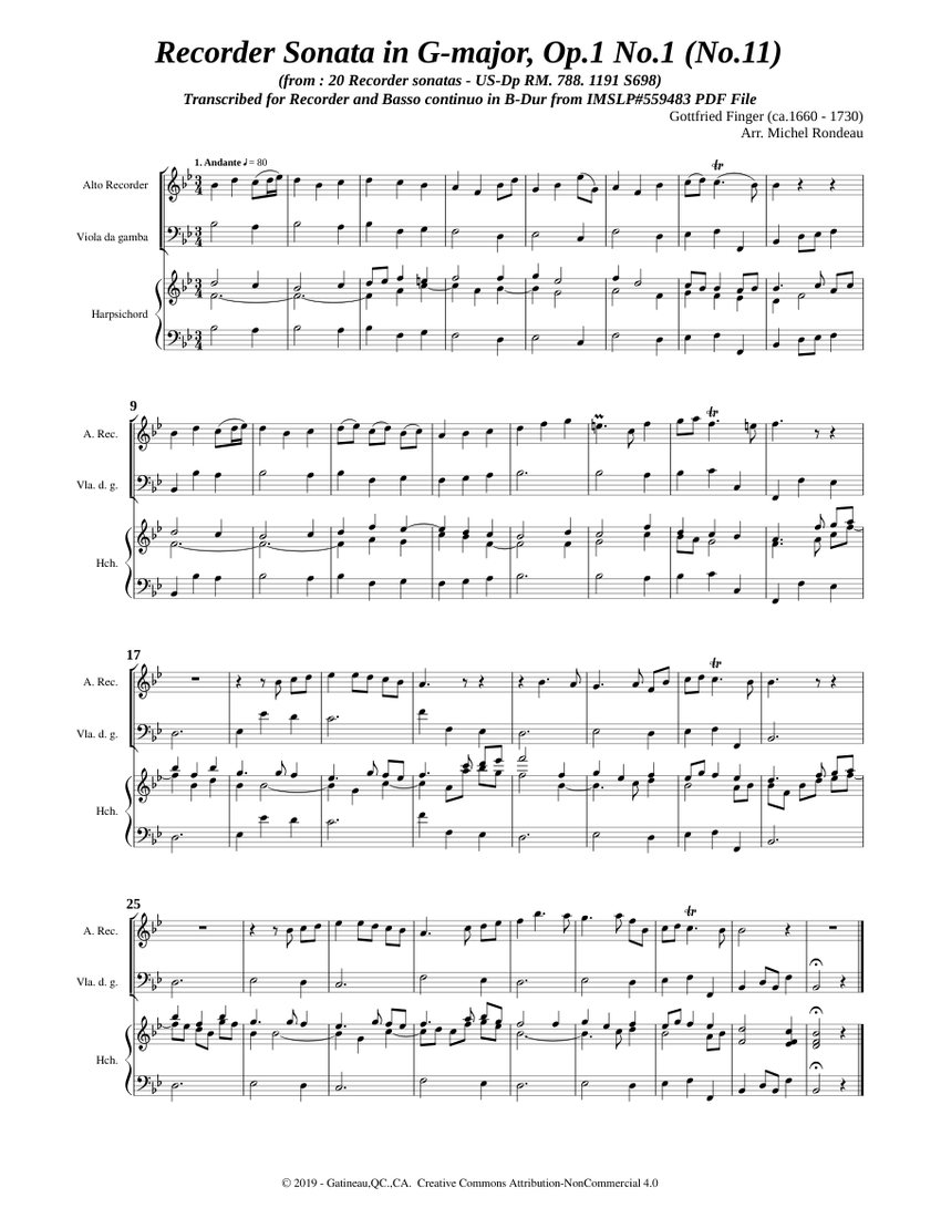 Finger, G. _ Recorder Sonata in G-major, Op.1 No.1[Recorder, B/C] Sheet ...