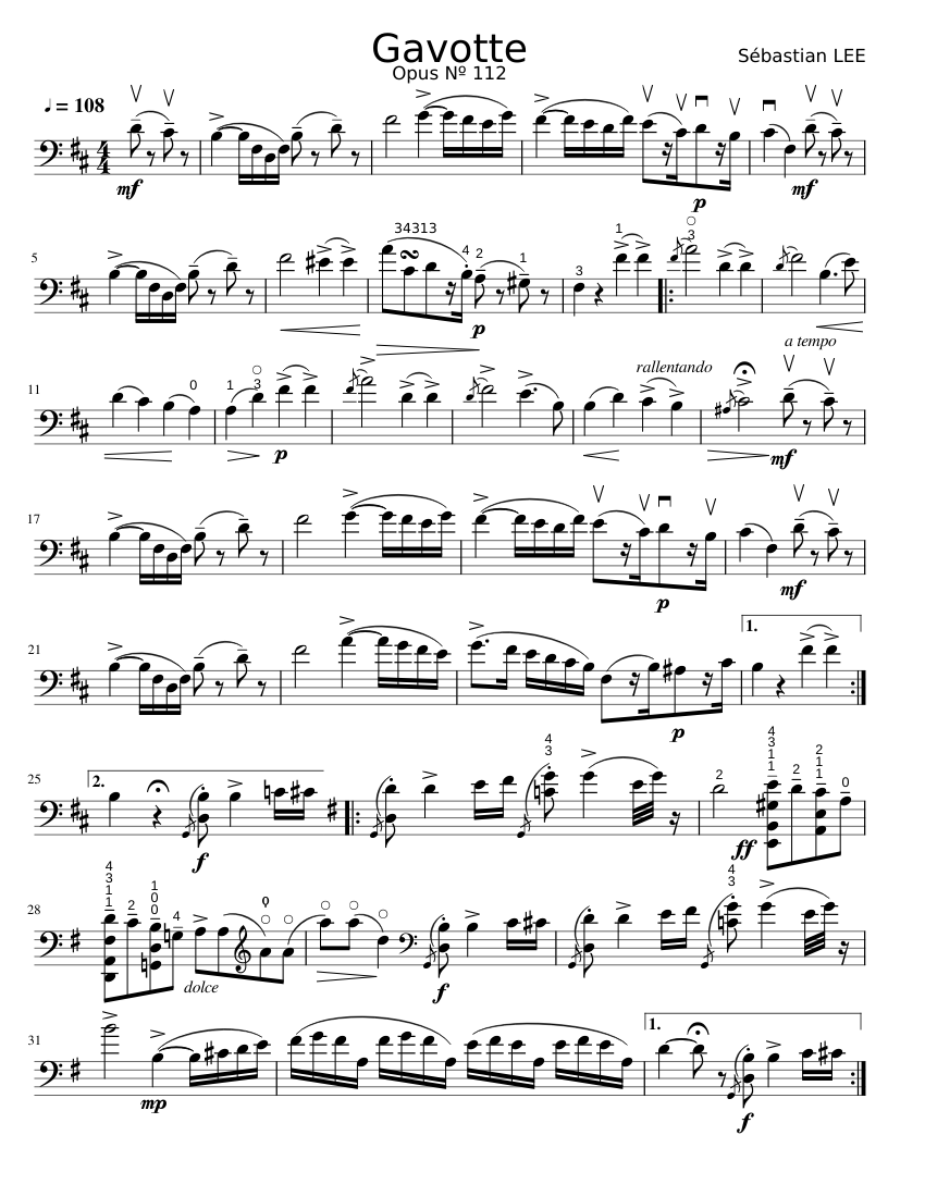 Gavotte Opus 112 Sebastian LEE for Solo Cello Sheet music for Cello ...