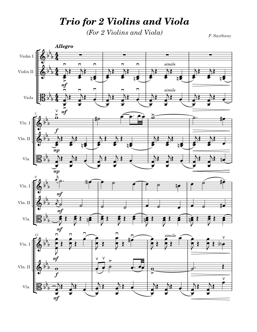 Trio for 2 Violins and Viola, in C Minor - P. Saythany Sheet Music for ...