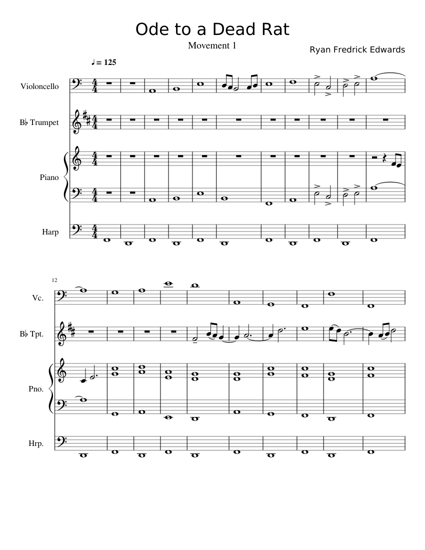 Ode to a Dead Rat Sheet music for Piano, Trumpet in b-flat, Cello, Harp ...