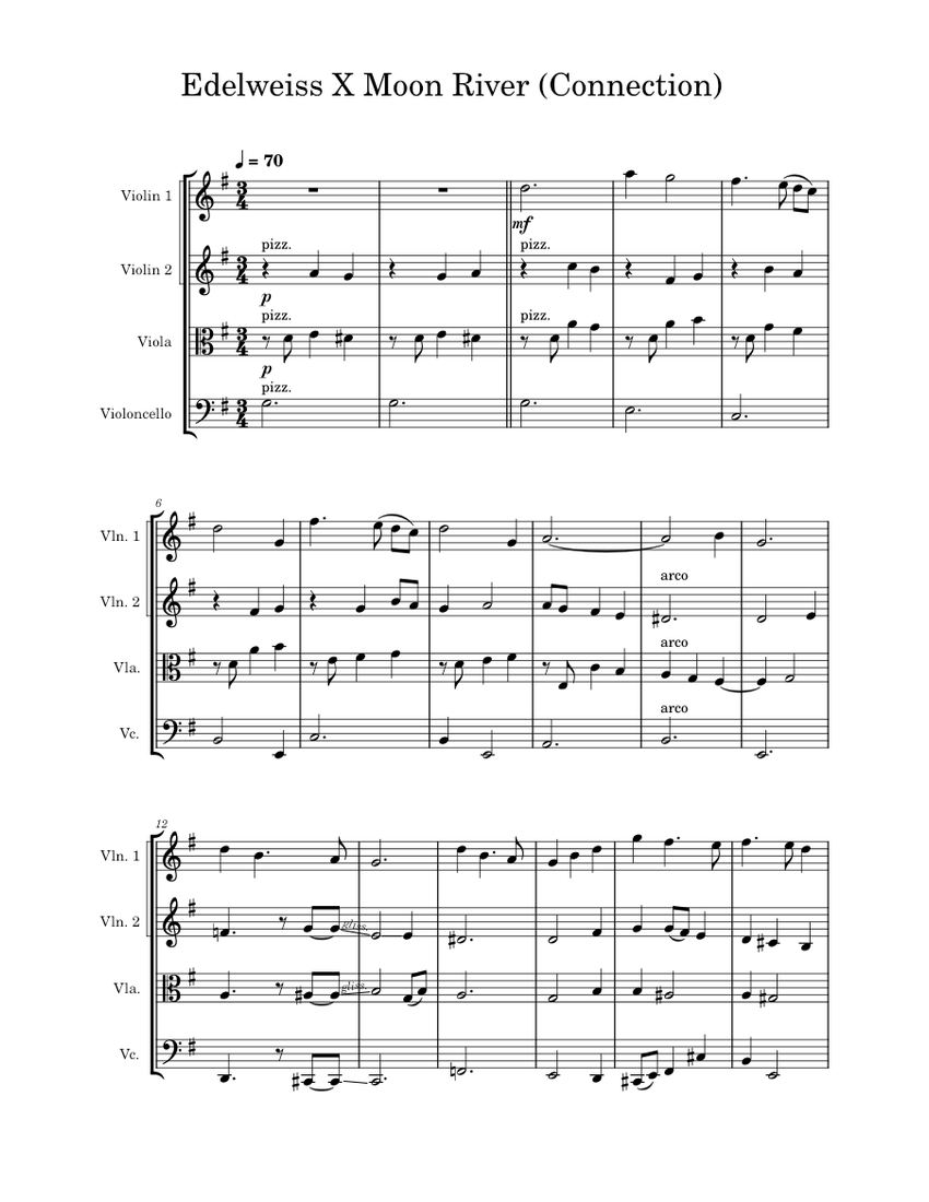 Edelweiss-X-Moon-River-Connection Sheet music for Violin, Viola, Cello (String Quartet ...