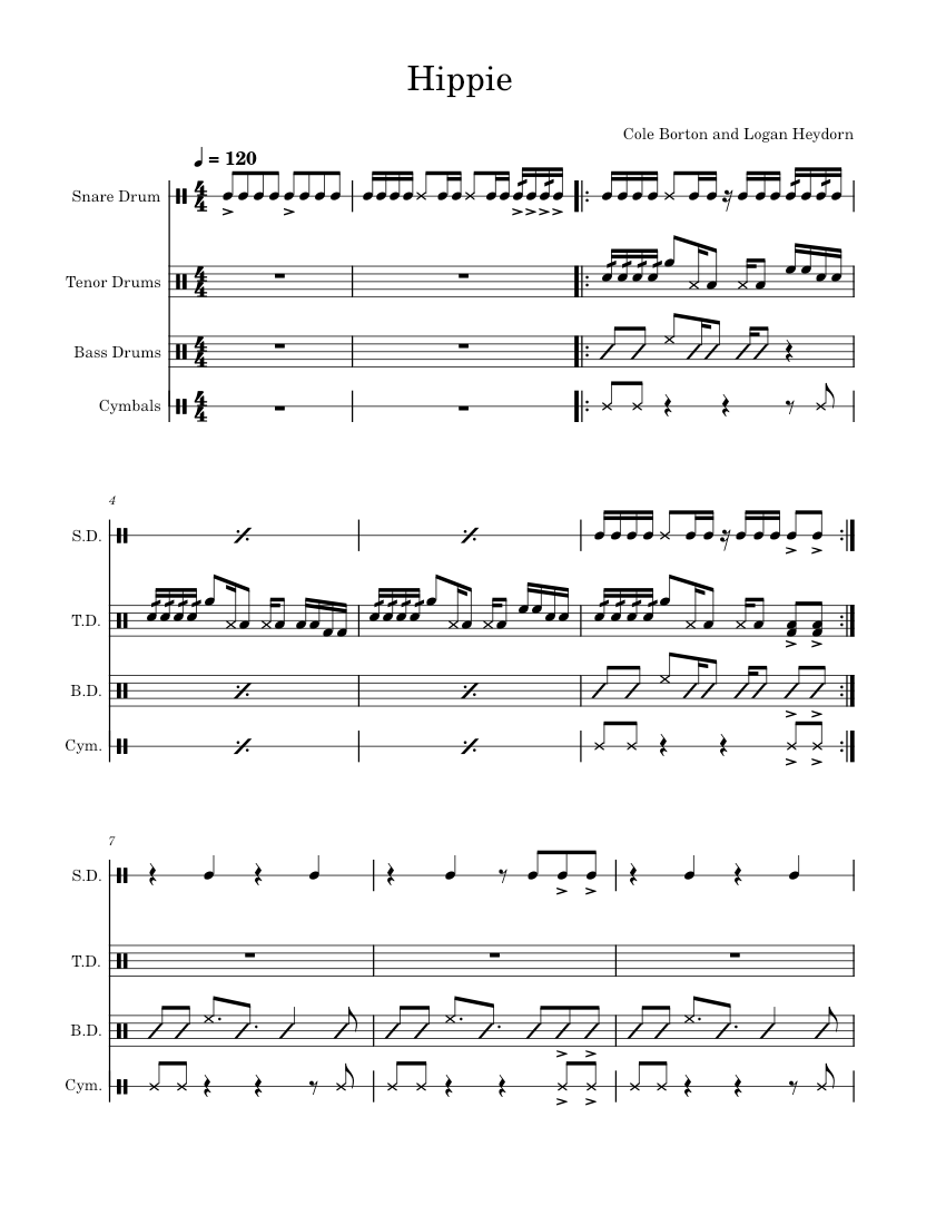 Hippie Sheet music for Snare drum, Crash, Tenor drum, Bass drum ...